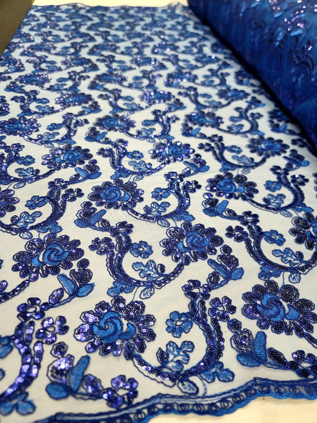 Royal Blue Lace Floral Flowers Sequins Embroidery Mesh Prom Quinceañera ...