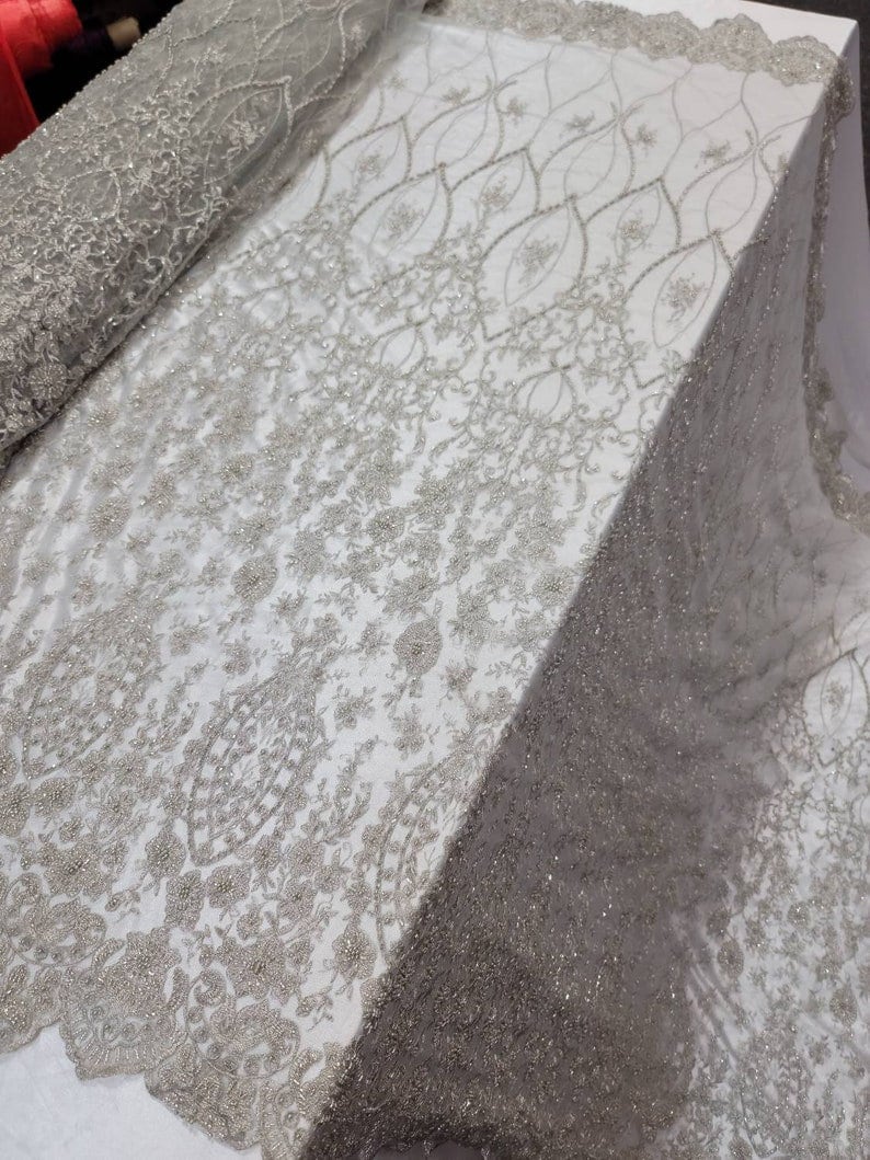 Silver Beaded Lace Fabric by the Yard Embroidery Floral - Etsy