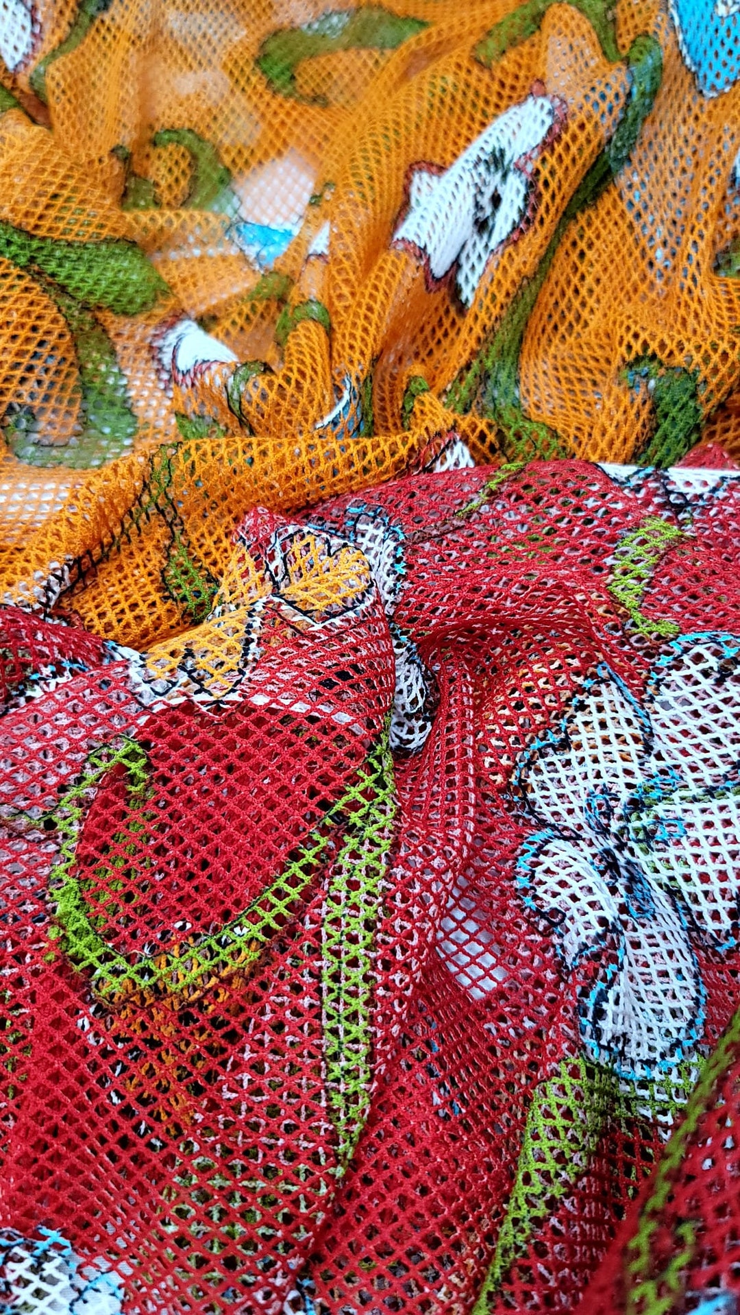 Red Floral Flowers Blue Orange Fish Net Fabric Sold by the Yard White ...