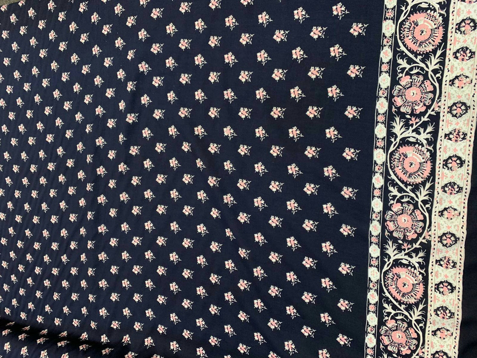 100% Japanese Rayon Challis Two Border Navy Blue and Fuchsia Pink ...