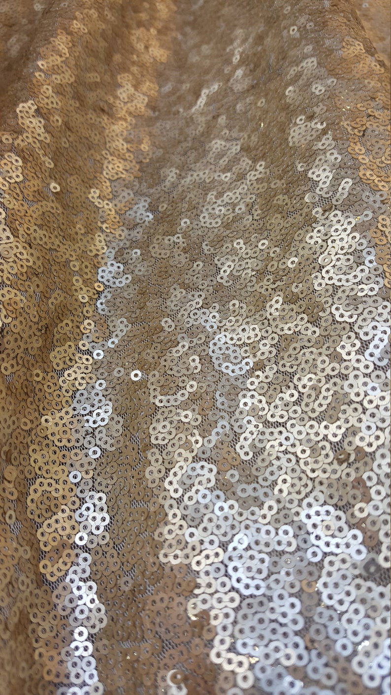 Gold Sequin Matte Glitz Sequin on White Mesh 2 Way Stretch Fabric Sold ...