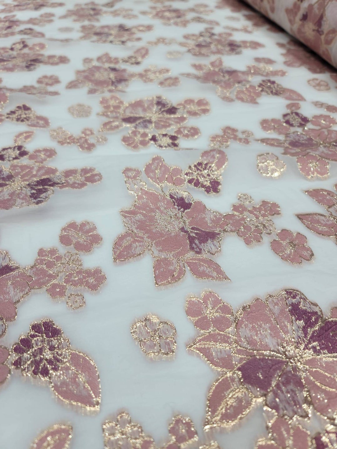 Mauve Dusty Rose Brocade Floral Flowerson White Organza Prom Fabric ...