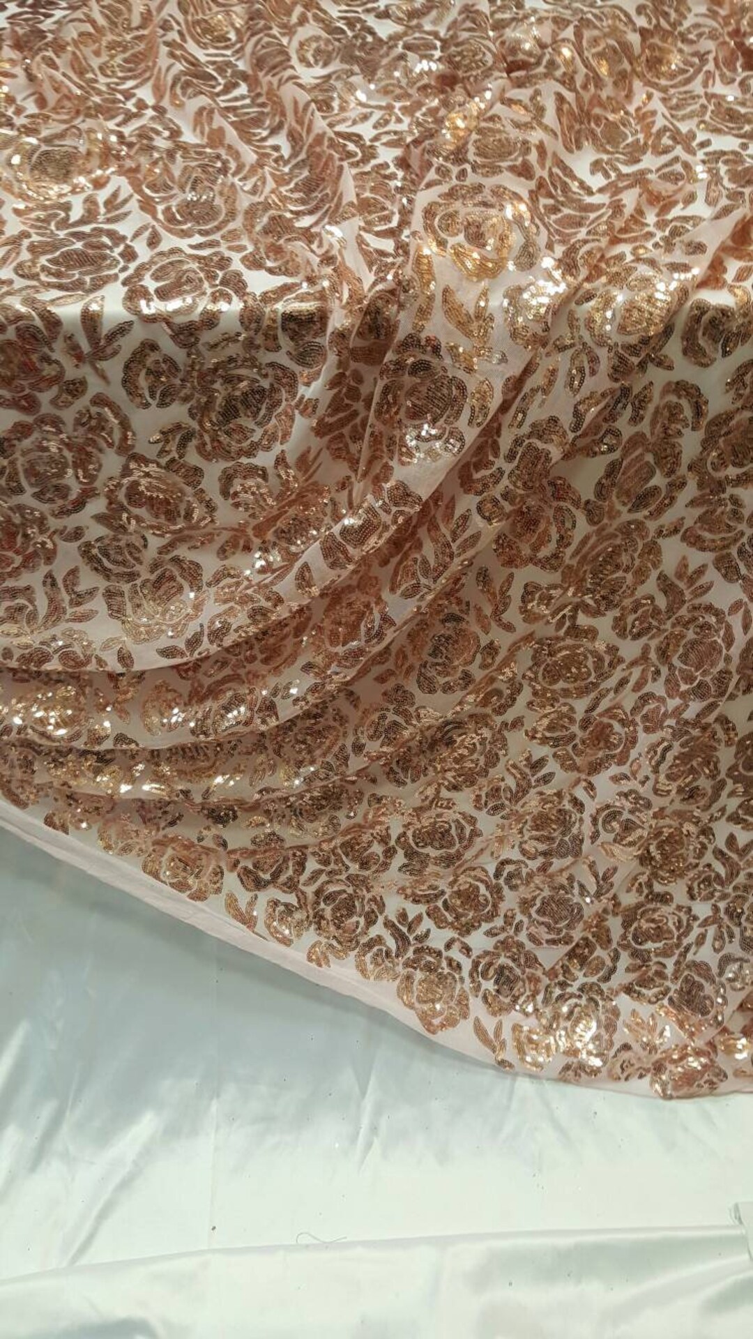 Rose Gold Lace Fabric Roses Sequin on Blush Mesh 1way Stretch Prom ...