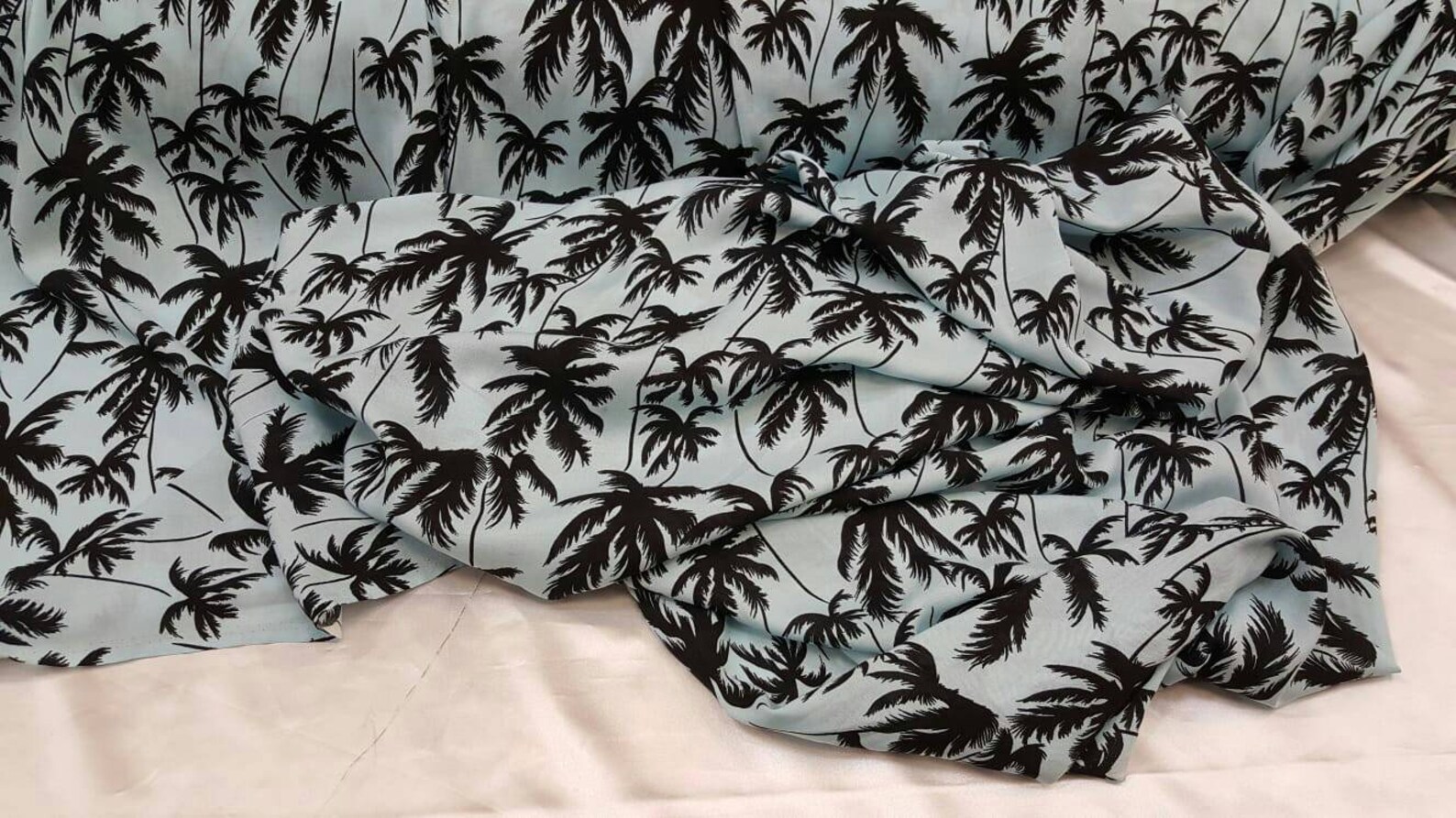 100% Rayon Challis Black Palm Tree on Baby Blue Background - Etsy