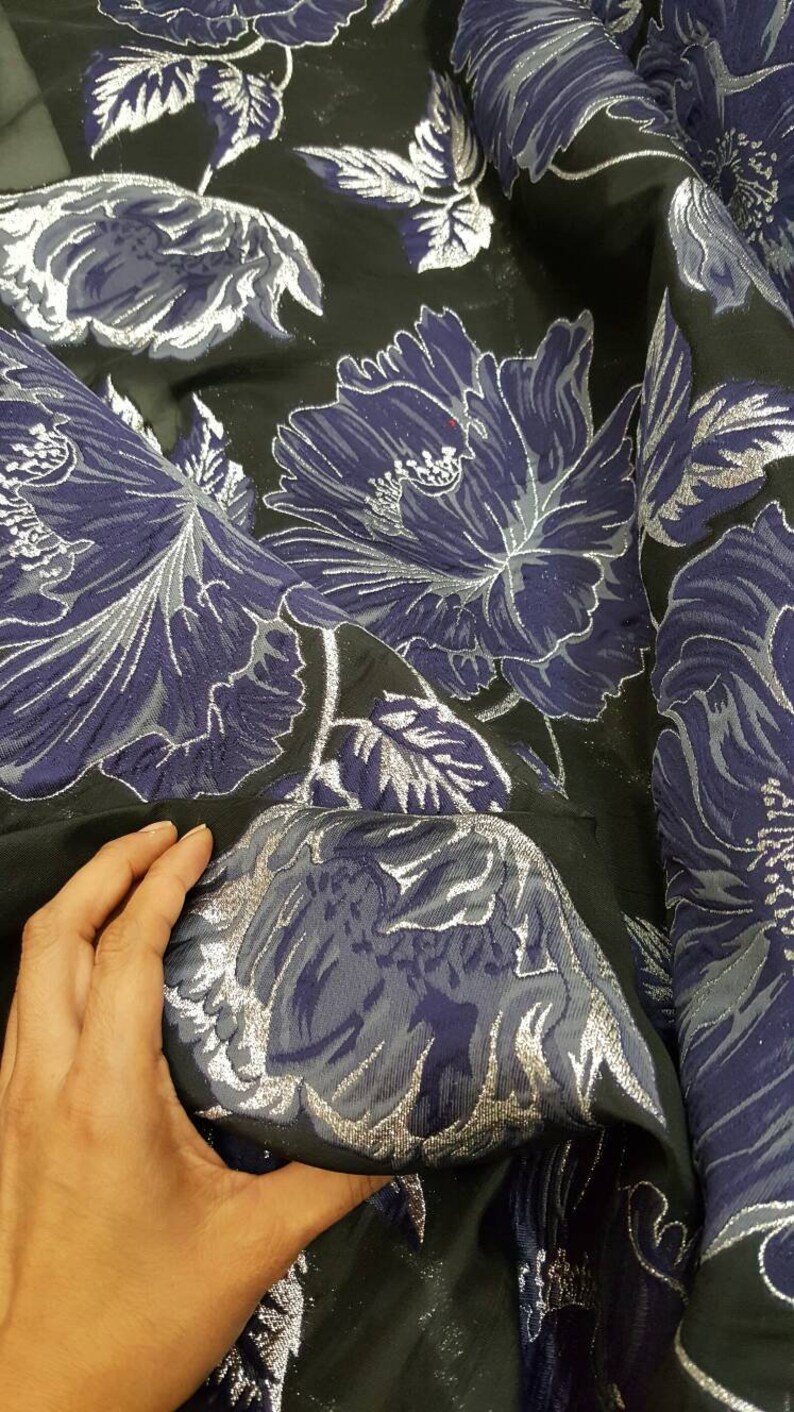 Navy Blue Silver Floral Flowers Brocade on Black French | Etsy