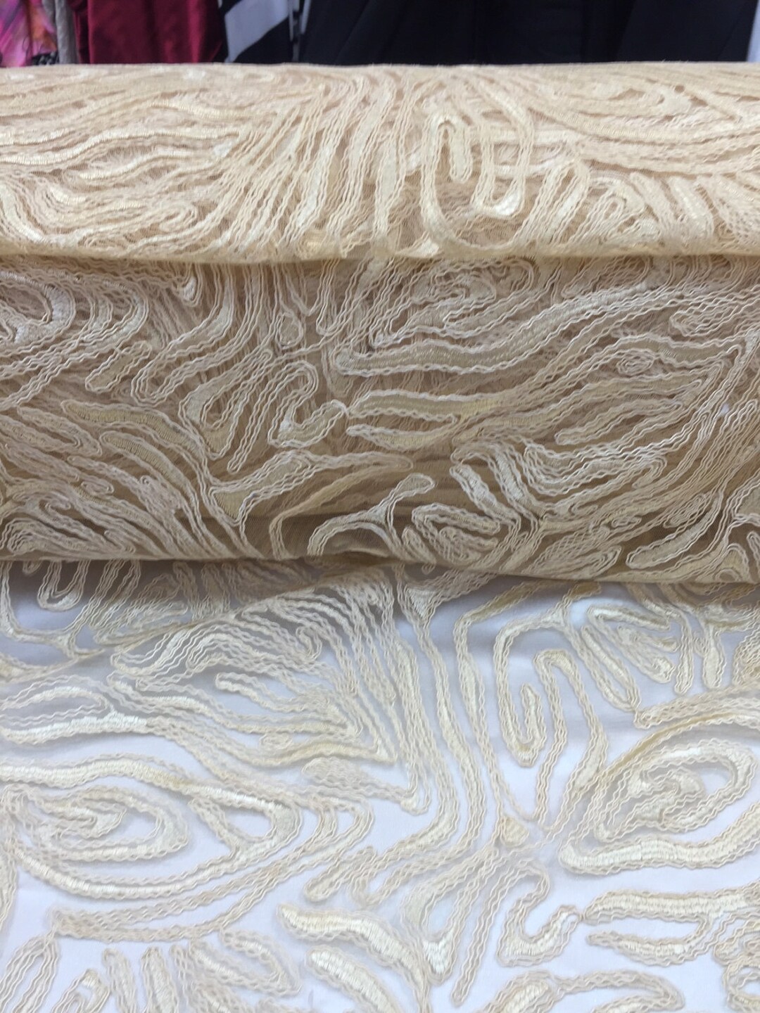 Champagne Embroidered Lace Mesh Fabric by the Yard Gown Quinceañera ...