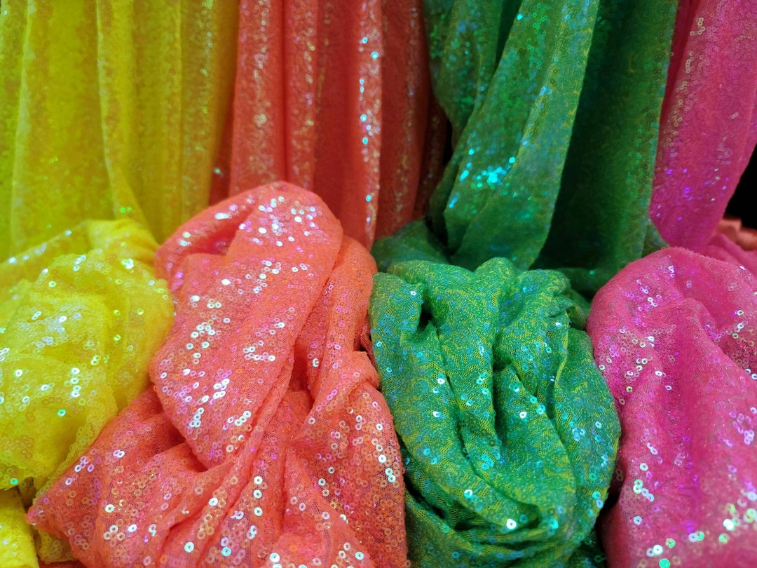 Iridescent Sequin Fabric by the Yard Pink Orange Green Yellow Neon ...