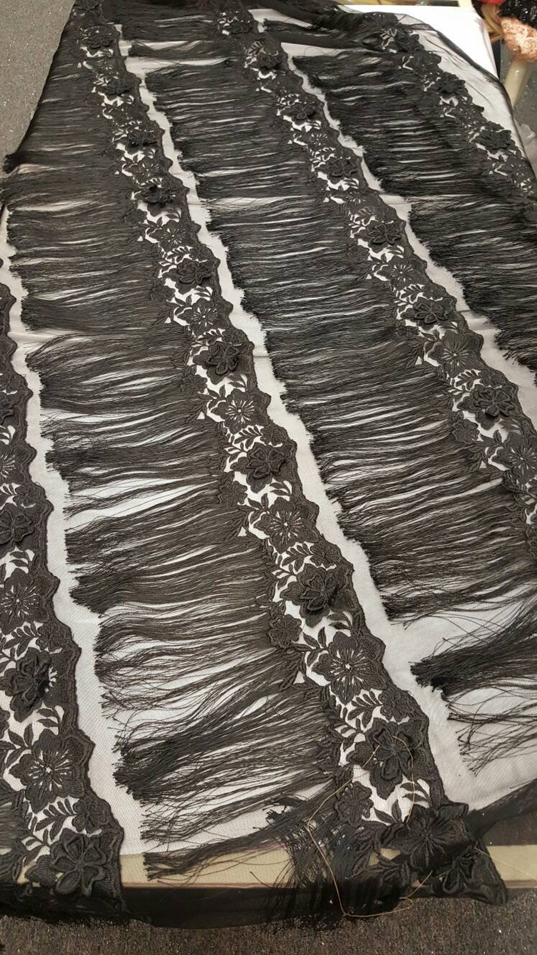 Black Fringe Lace 3d Floral Flowers Embroidered on Mesh Fabric Sold by ...
