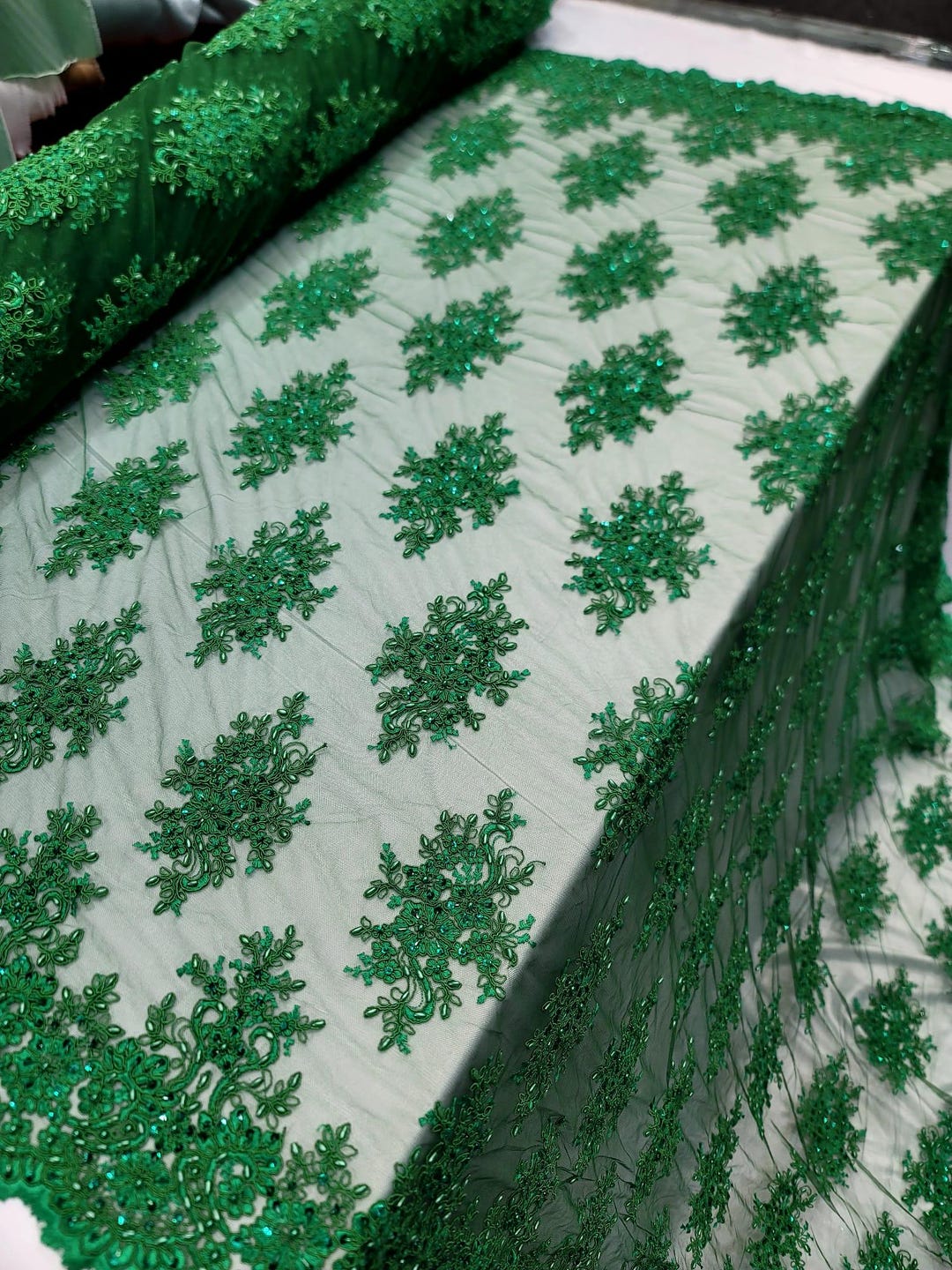 Kelly Green Hand Beaded Lace Embroidery on Mesh Fabric Sold by the Yard ...