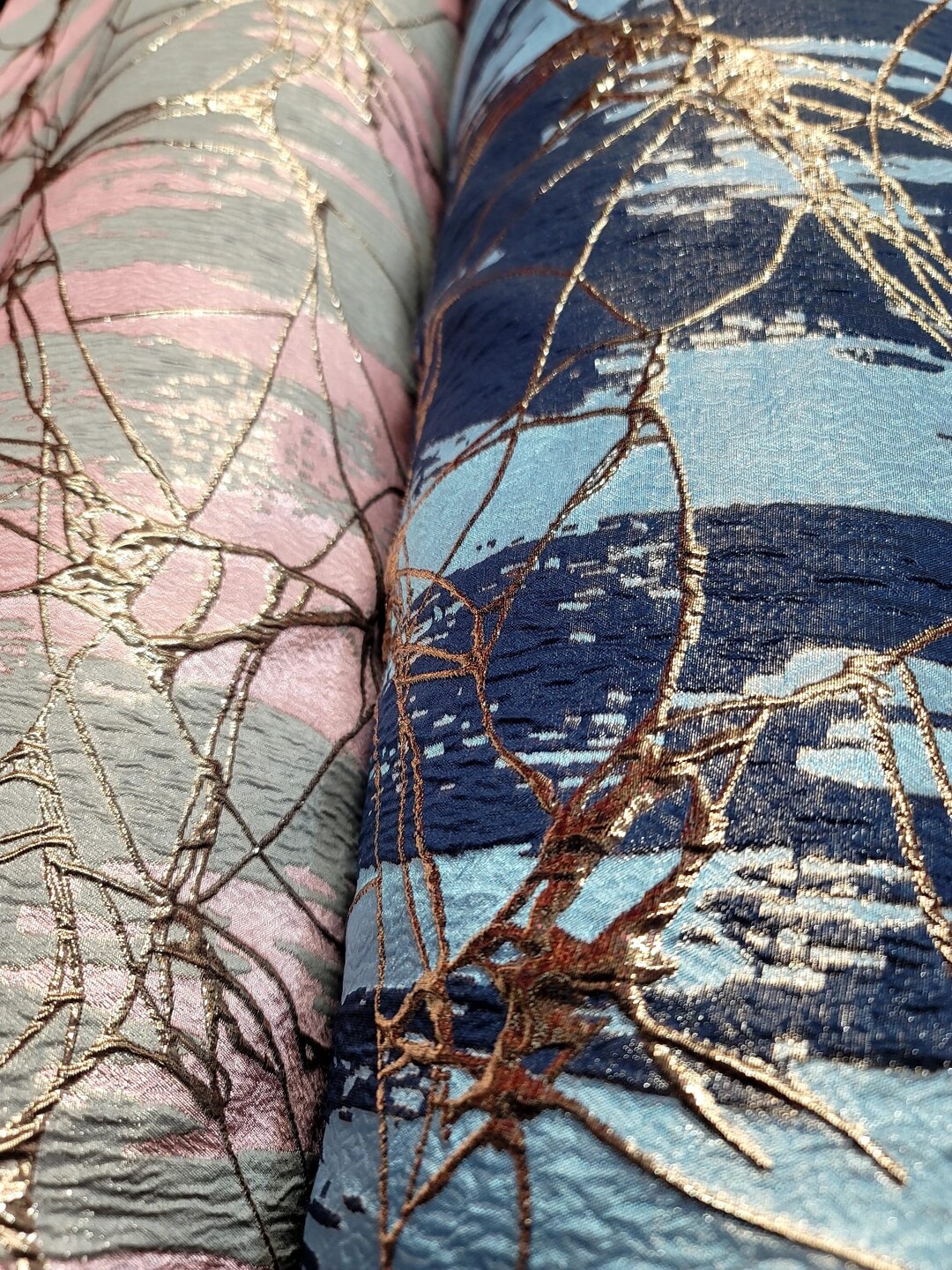 Navy Blue Sky Blue Metallic Gold Brocade Jacquard Gray Pink Fabric Sold ...