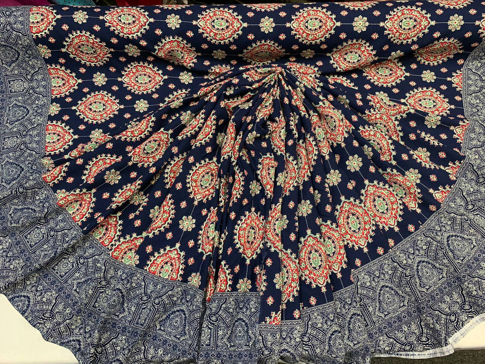100% Japanese Rayon Challis Two Border Navy Blue and Fuchsia Pink ...