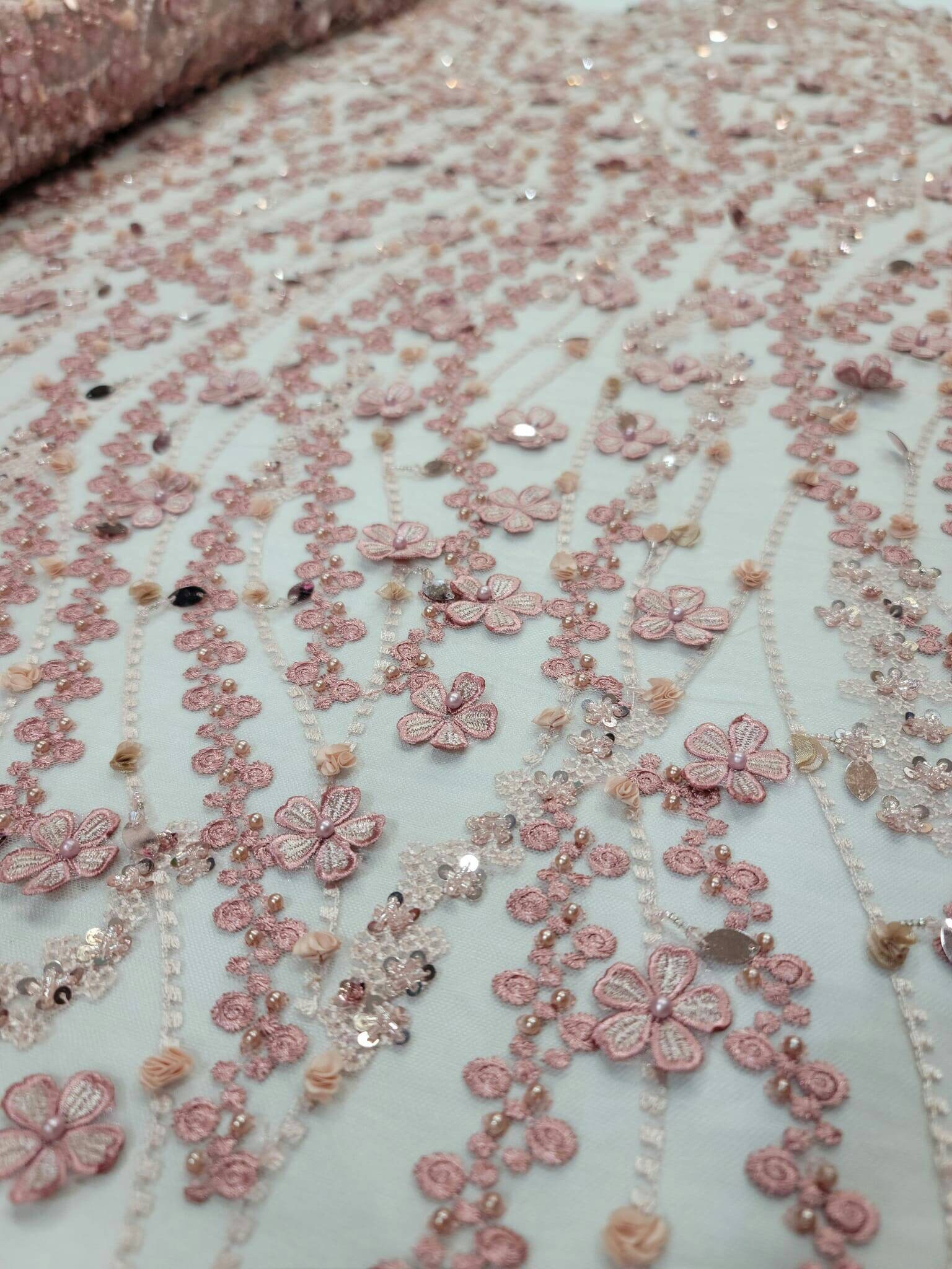 Dusty Rose Bead Lace 3d Floral Flowers Embroidered on Mesh - Etsy