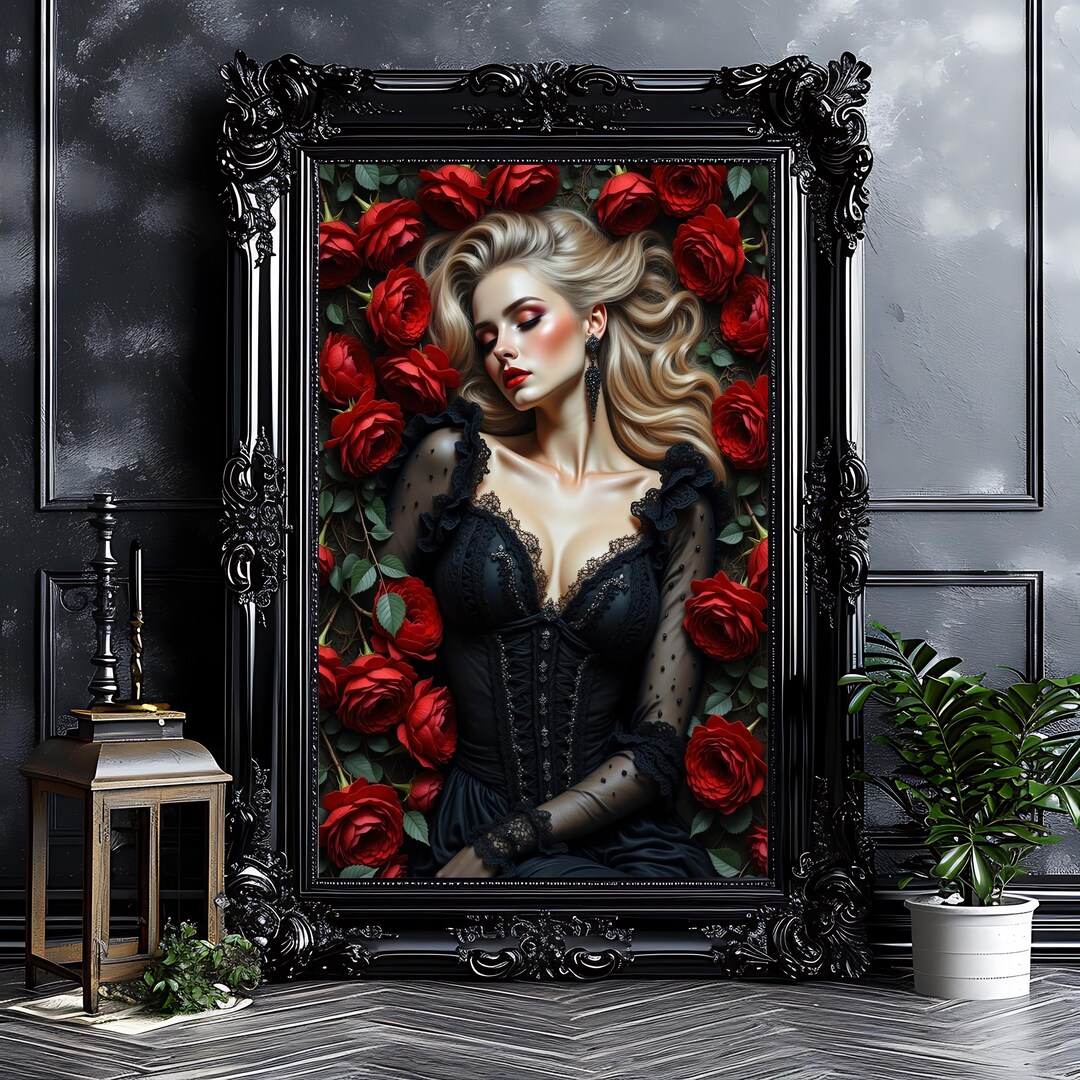 Blonde Gothic Woman Laying in Red Flowers | Fine Art Print | Gothic Art ...