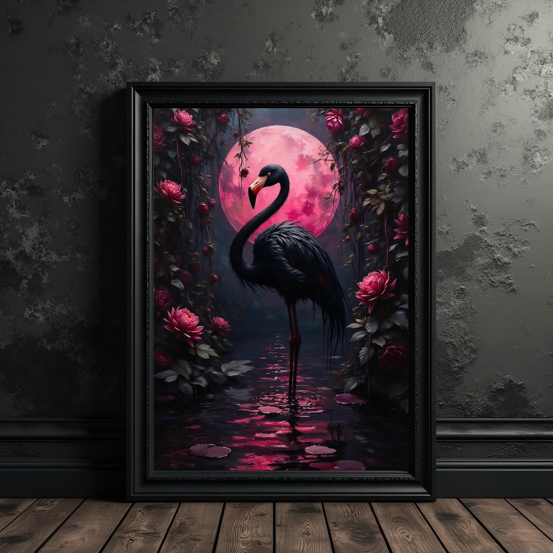 Gothic Black Flamingo Art Print: Pink Moon, Dark Tropical Decor - Etsy
