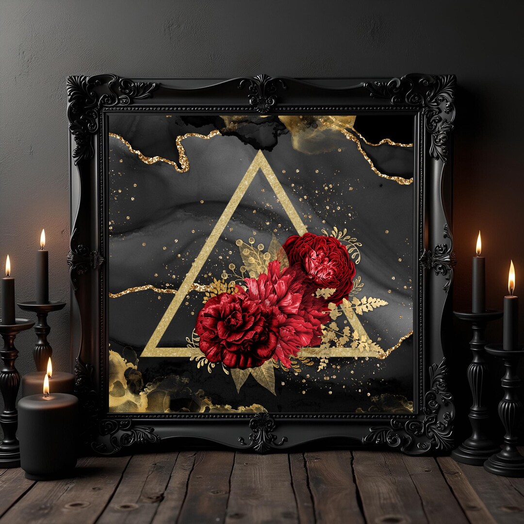 Red Floral Geode Art Print: Black, Gold, Witchy Gothic Decor - Etsy