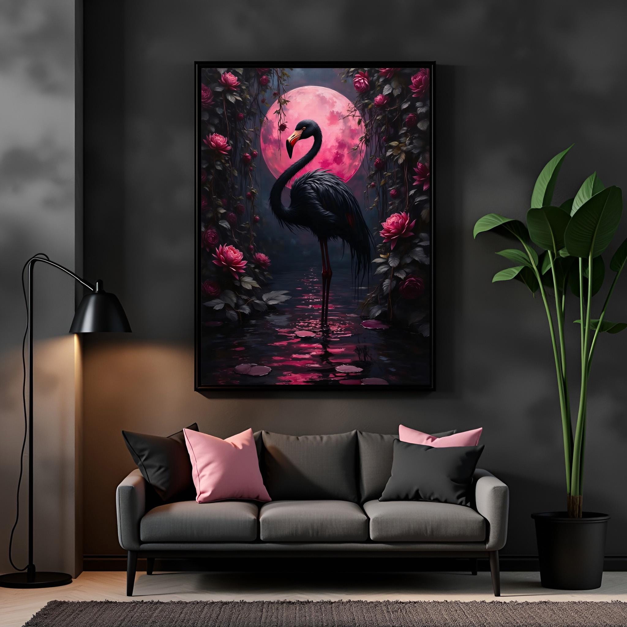 Gothic Black Flamingo Art Print: Pink Moon, Dark Tropical Decor - Etsy