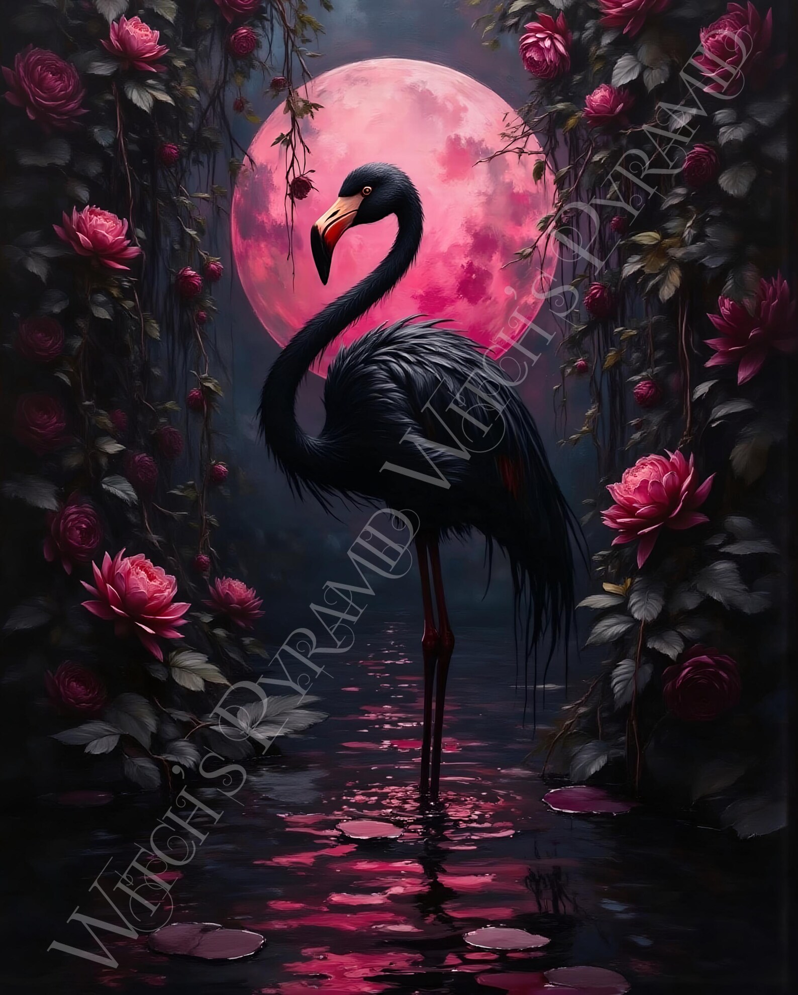 Gothic Black Flamingo Art Print: Pink Moon, Dark Tropical Decor - Etsy