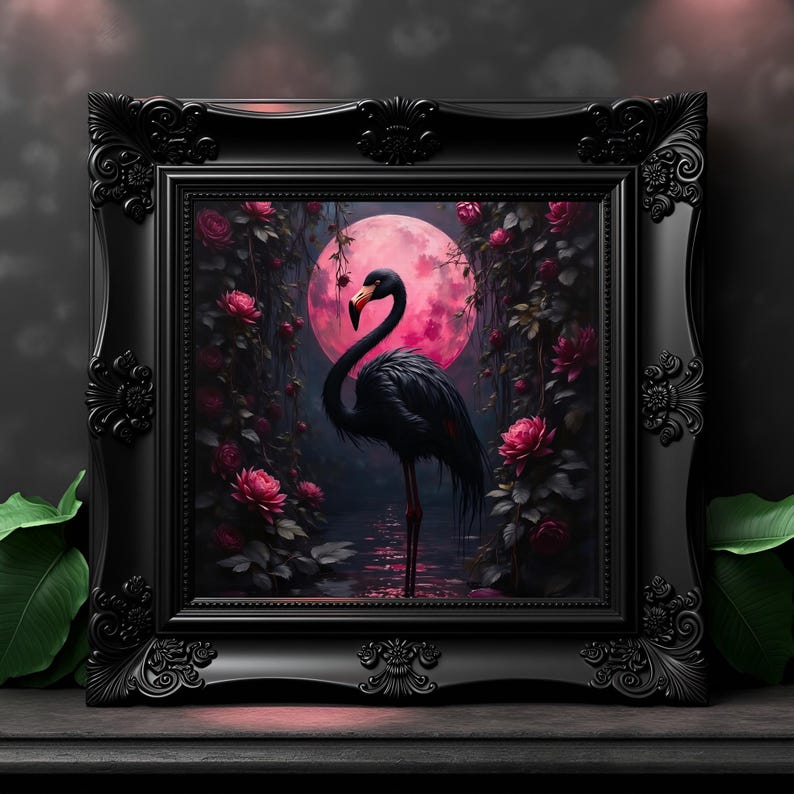 Gothic Black Flamingo Art Print: Pink Moon, Dark Tropical Decor - Etsy