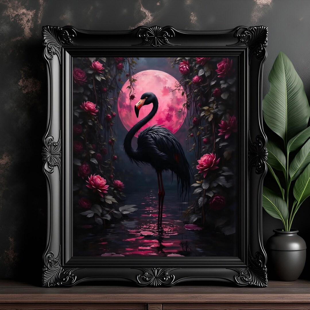 Gothic Black Flamingo Art Print: Pink Moon, Dark Tropical Decor - Etsy