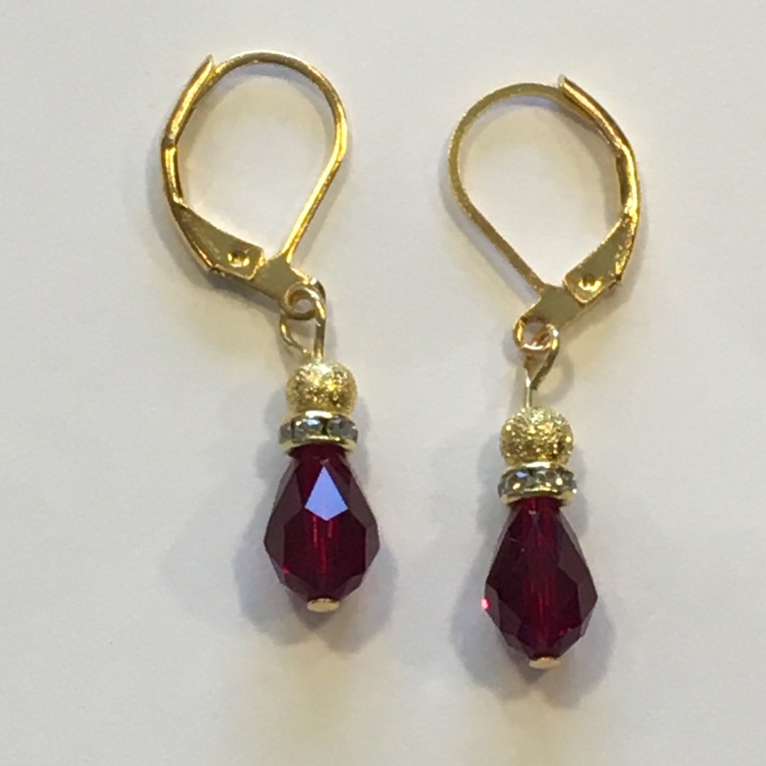 Siam Red and Gold Color Drop Earrings Handmade With Swarovski - Etsy