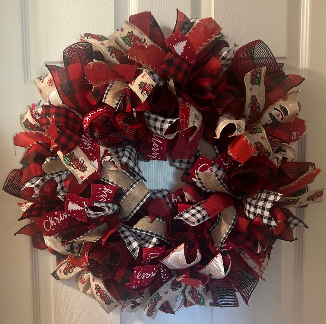 Christmas Truck, Holiday Buffalo Plaid Ribbon and Mesh Wreath - Etsy