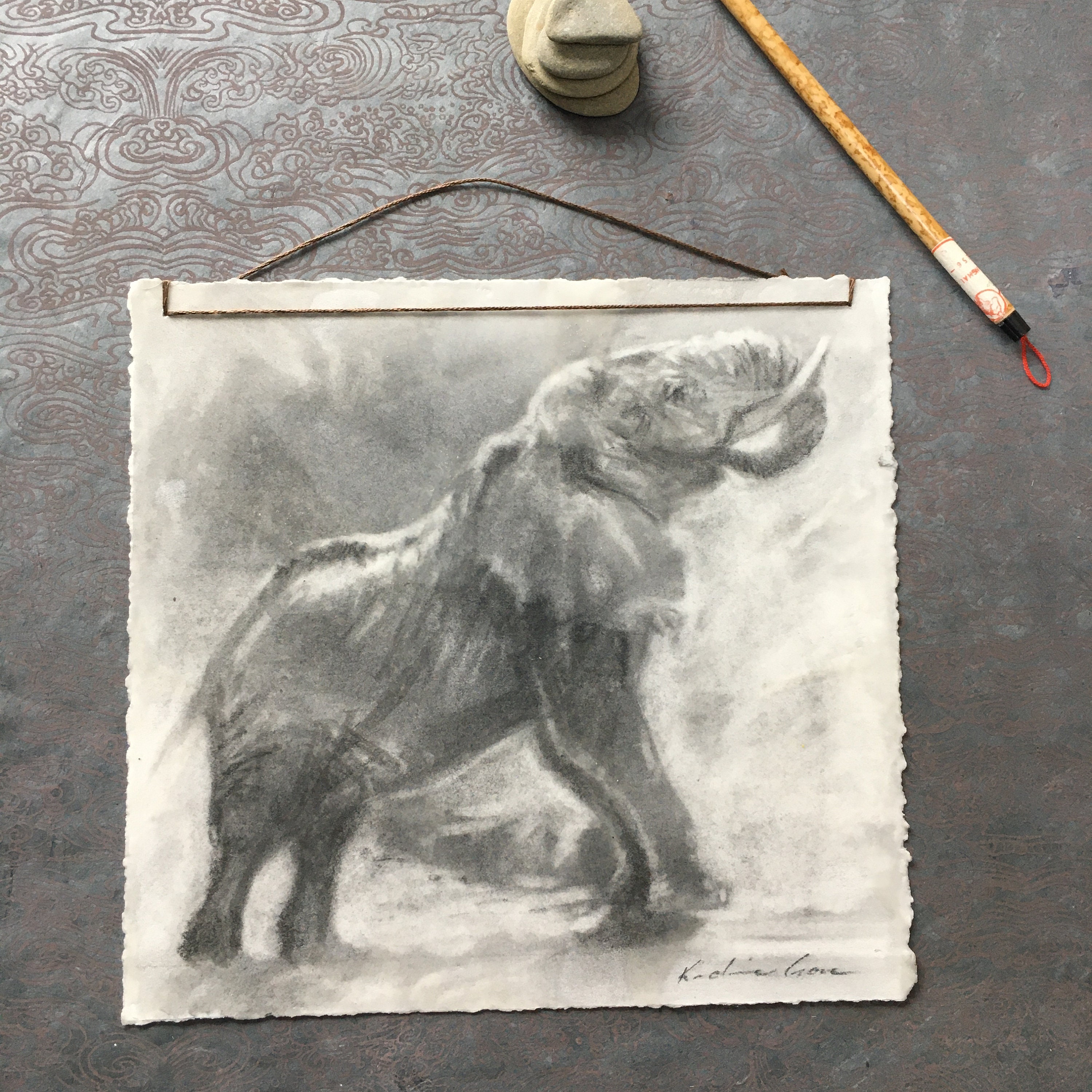 ELEPHANT GRAPHITE DRAWING, Etosha Waterhole, Encaustic Drawing of an ...