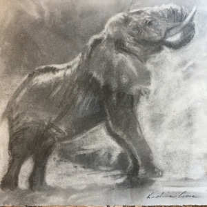 ELEPHANT GRAPHITE DRAWING, Etosha Waterhole, Encaustic Drawing of an ...