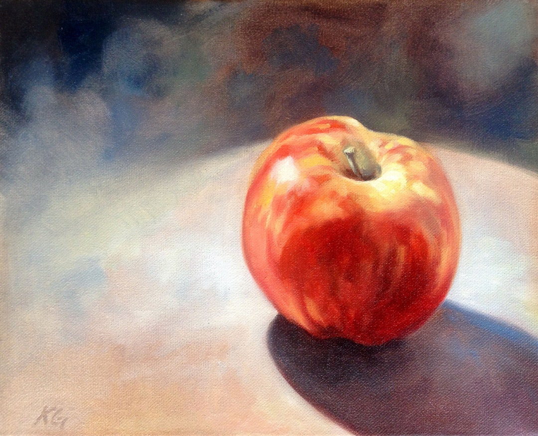 APPLE STILL LIFE, Spotlit Apple, Original Art Oil Painting, Apple Still ...