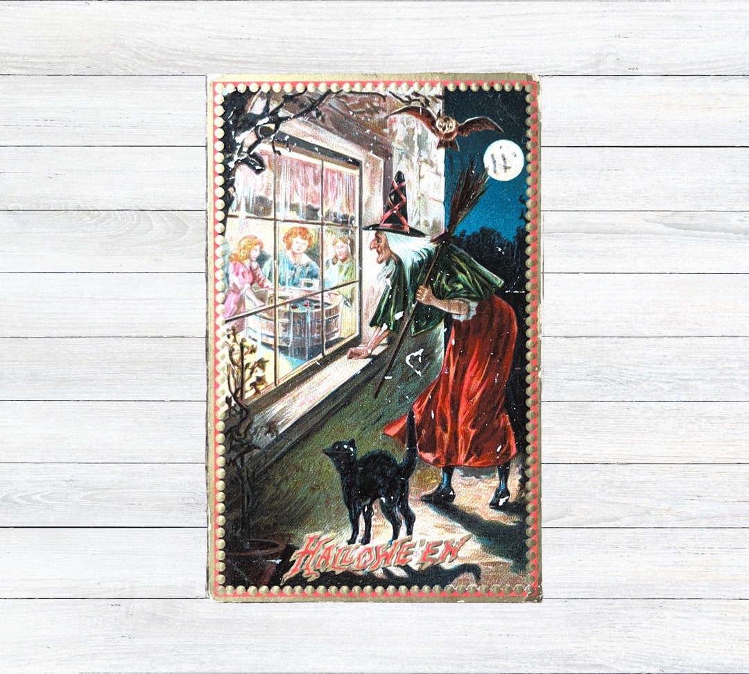 Vintage Witch Postcard Halloween Decor Spooky Illustration Black Cat ...