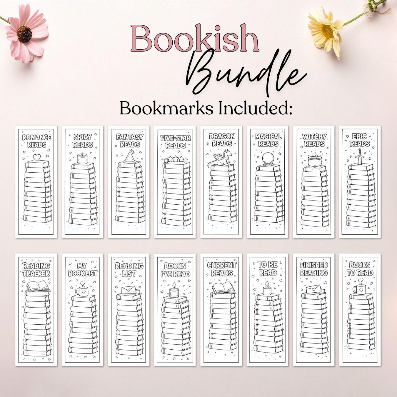 Coloring Bookmarks Printable Bundle PDF Set 20 Book Stack Reading ...