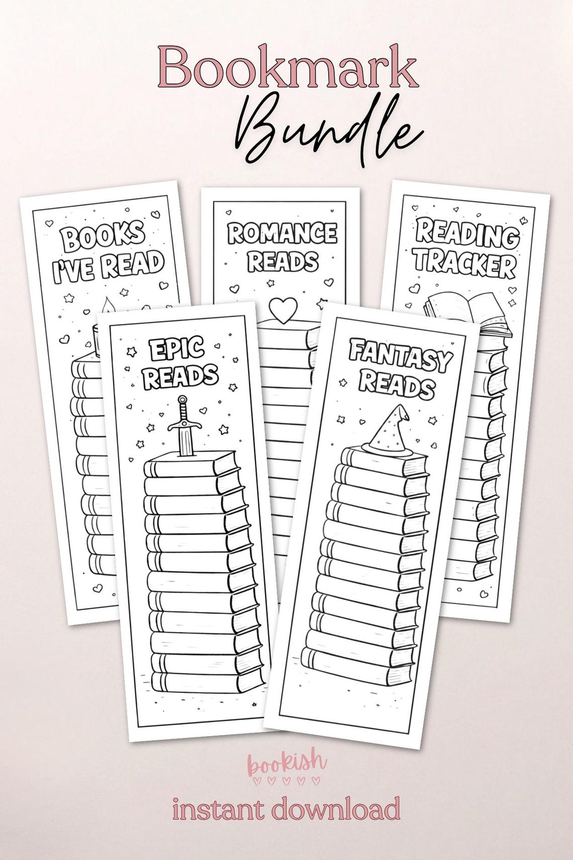 Coloring Bookmarks Printable Bundle PDF Set 20 Book Stack Reading ...