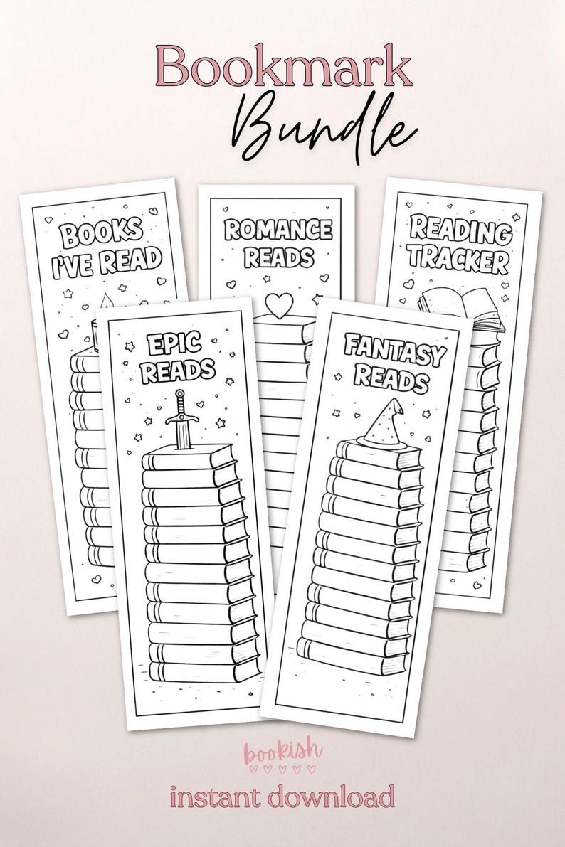 Coloring Bookmarks Printable Bundle PDF Set 20 Book Stack Reading ...