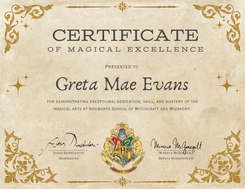 Hogwarts Certificate of Magical Excellence | Custom Personalized ...