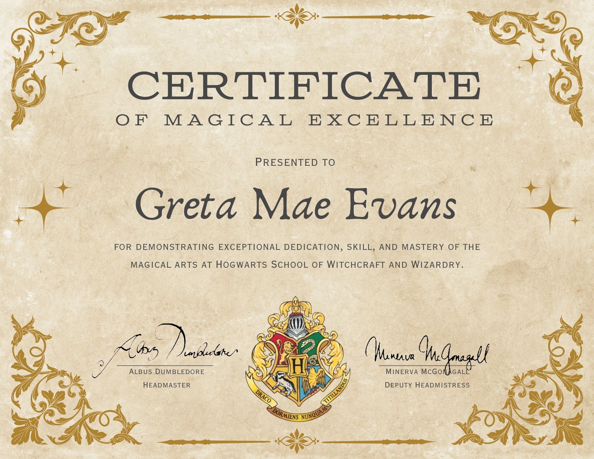 Hogwarts Certificate of Magical Excellence | Custom Personalized ...