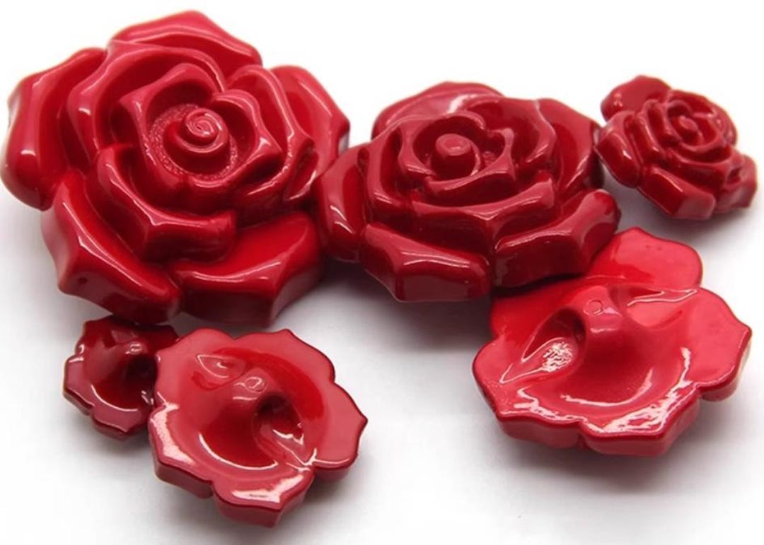 Bright Red Rose Shaped Buttons, Tunnel Shank, Plastic, 15mm, 20mm, 25mm ...