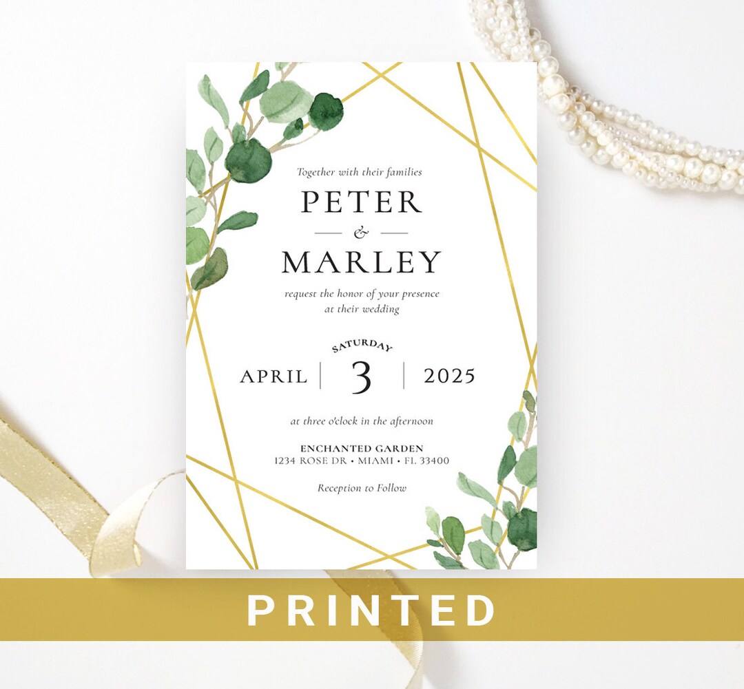 Wedding Invitations Greenery Gold Geometric Wedding Invites - Etsy