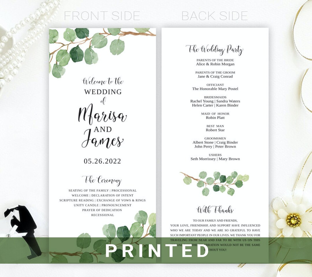 Elegant Greenery Wedding Programs Personalized Watercolor Eucalyptus ...