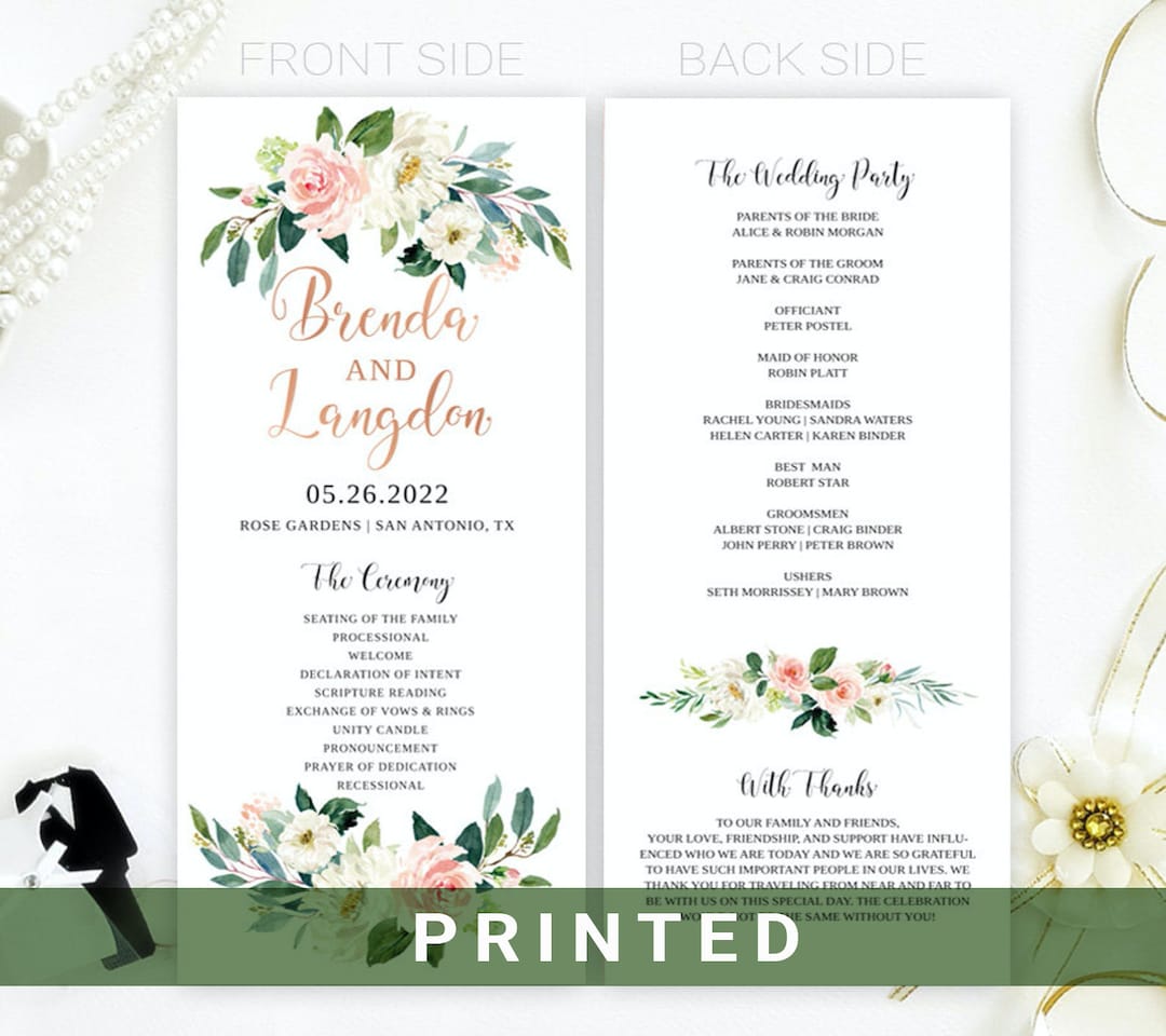 PRINTED Wedding Programs Floral Rose Gold Wedding Ceremony Program ...