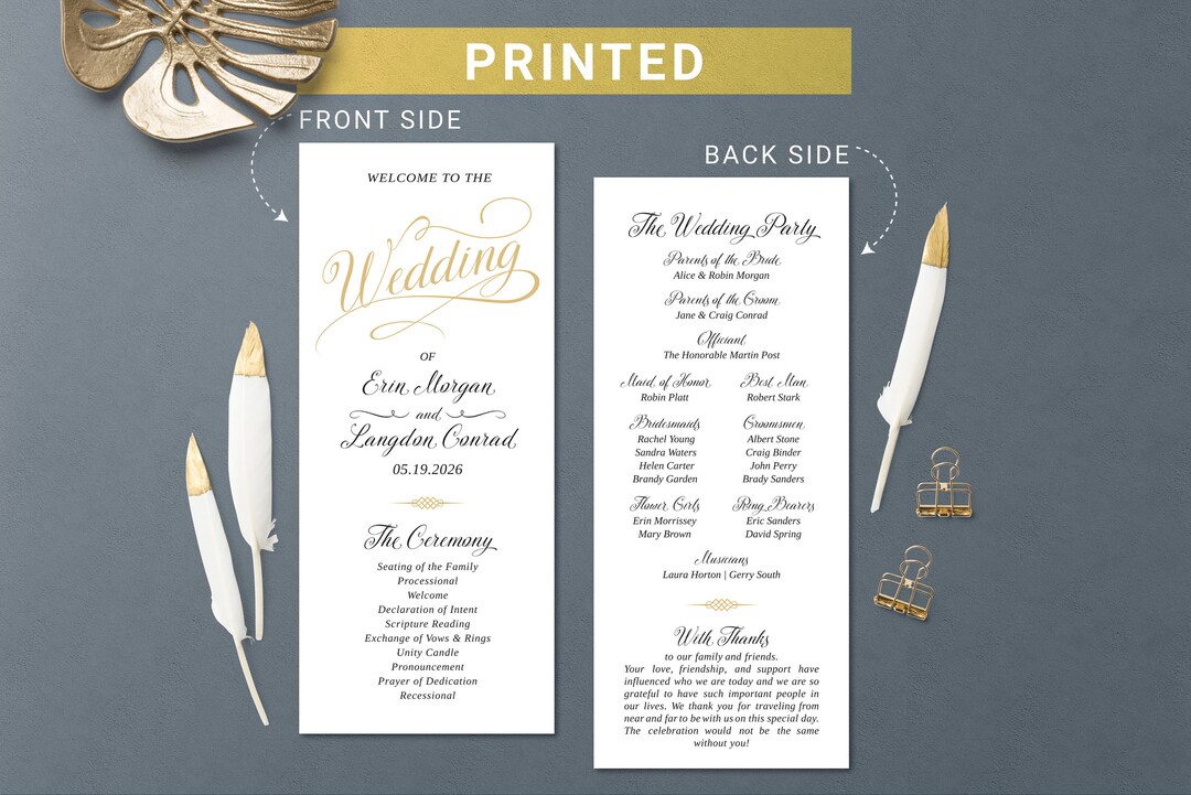 Gold Wedding Programs Printed Simple Calligraphy Wedding Reception ...