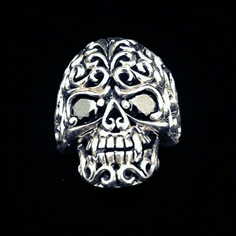 Skull Ring Filigree Pattern With Onyx Stone 925 Sterling - Etsy
