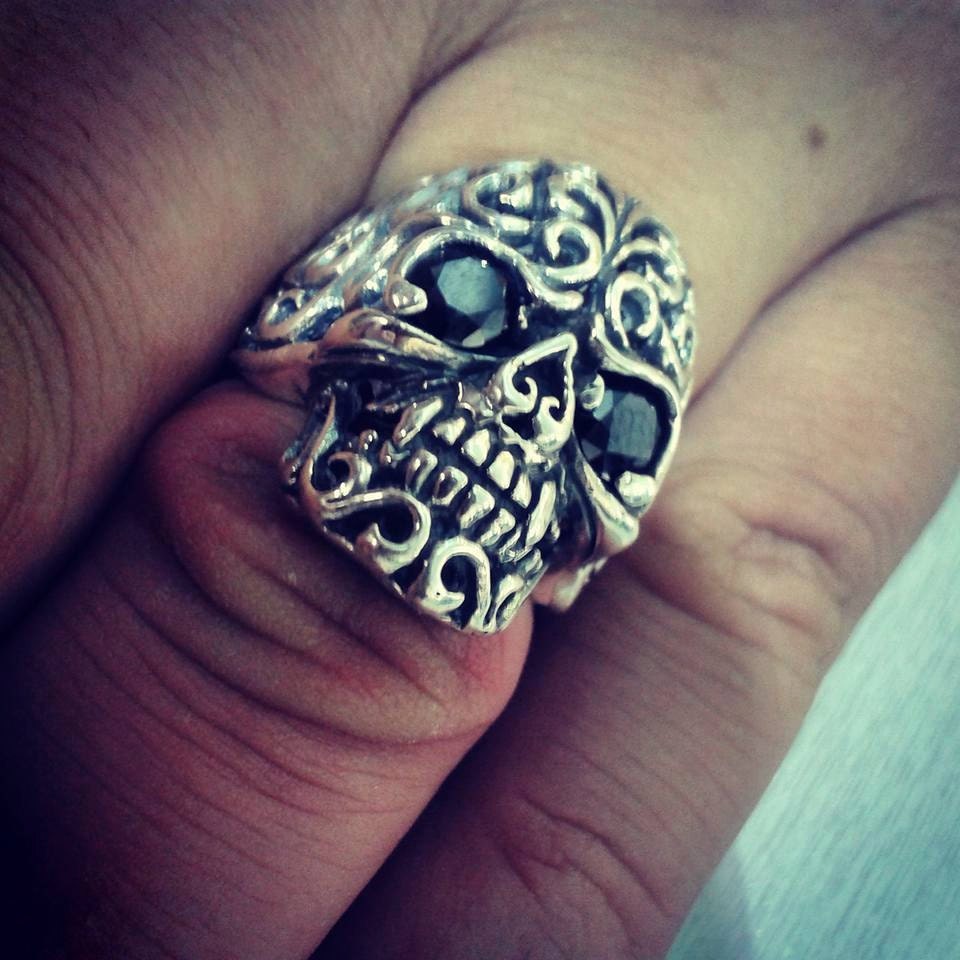 Skull Ring Filigree Pattern With Onyx Stone 925 Sterling - Etsy
