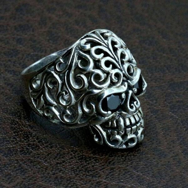 Skull Ring Filigree Pattern With Onyx Stone 925 Sterling - Etsy