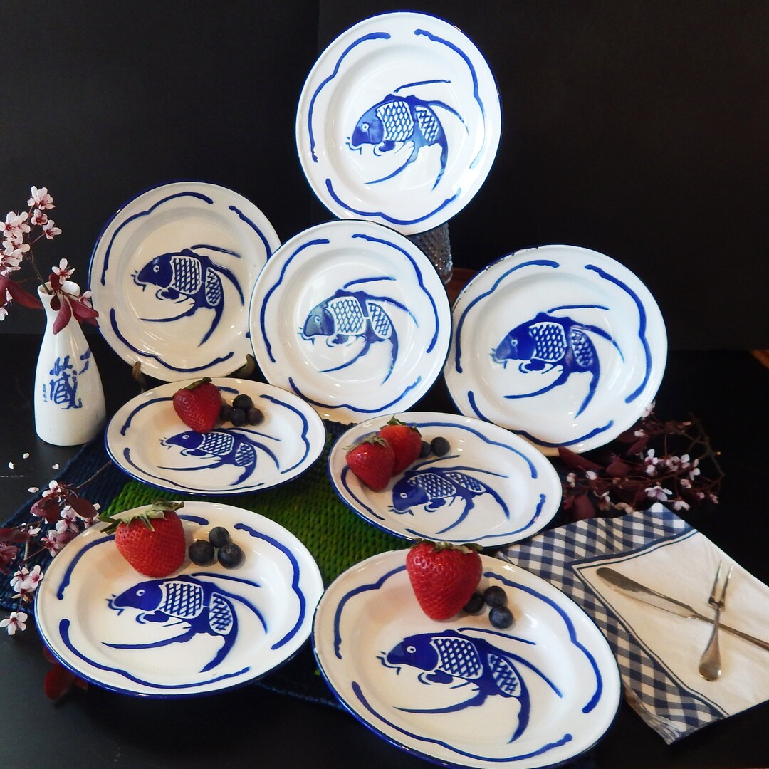 Vintage Enamelware Plates Set of 8 Koi Fish Blue & White Hors D'oeuvres ...
