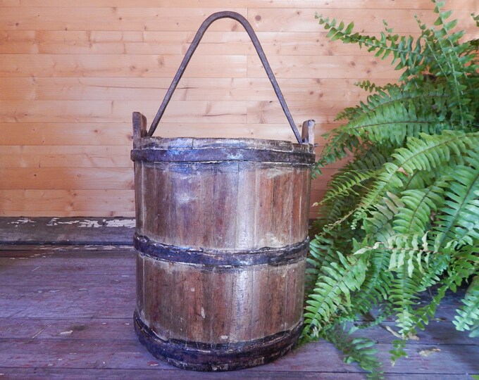 Antique Bucket - 19th Century Iron Banded Blacksmith Forged Wood Stave ...
