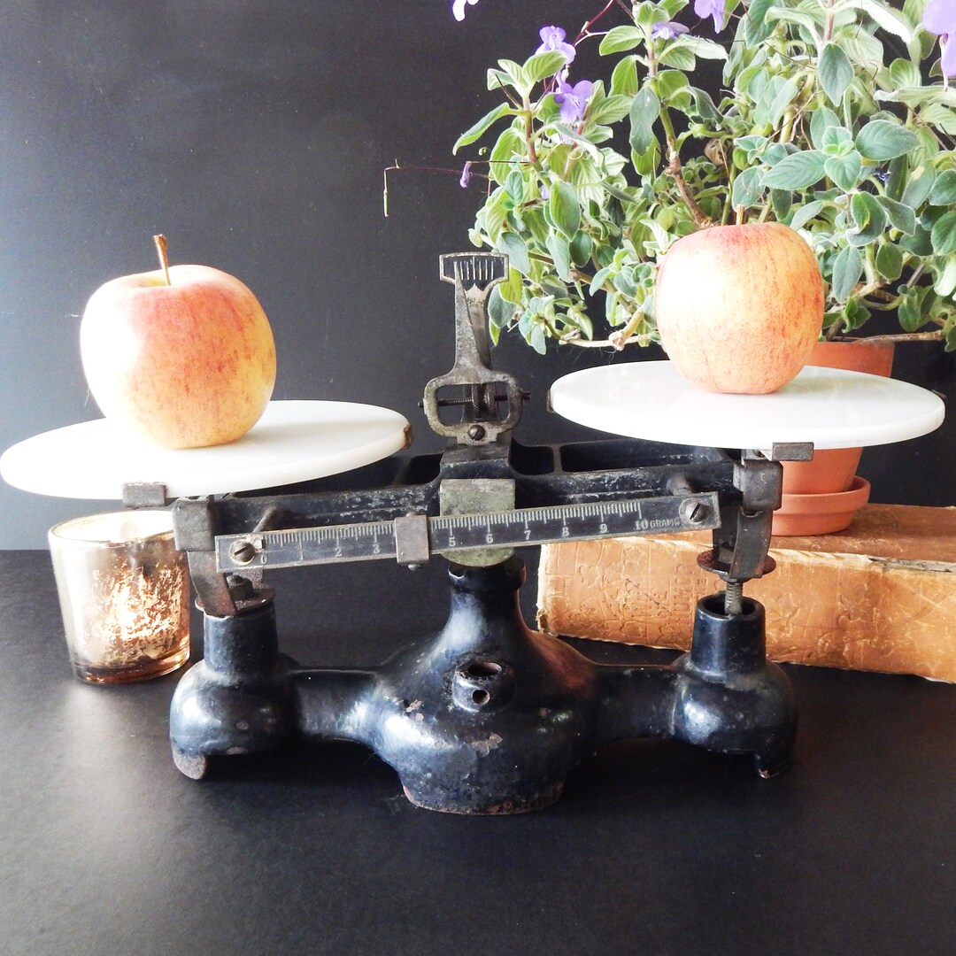 Antique Balance Scale - Cast Iron - Milk Glass Trays - Black Iron Scale ...