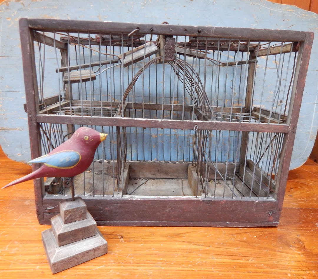 Vintage Birdcage With Wood Bird - Wood and Wire Birdcage - Rustic Bird ...