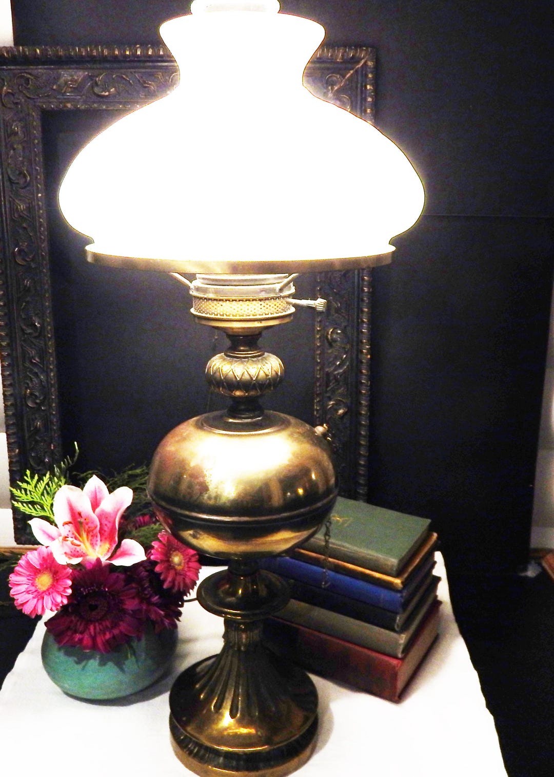 Antique Electrified Brass Hurricane Lamp - Large Brass Table Lamp ...