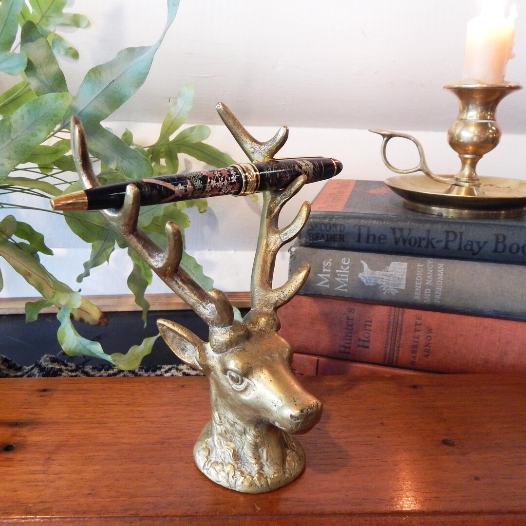 Vintage Brass Stag Elk Brass Deer Head Paperweight Pen Holder Desk ...