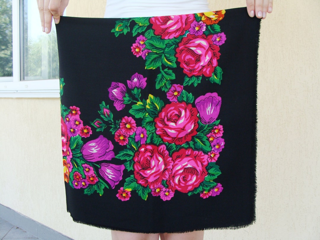 Ukrainian Scarf Vintage Scarf Black Shawl Wool Scarf Floral - Etsy