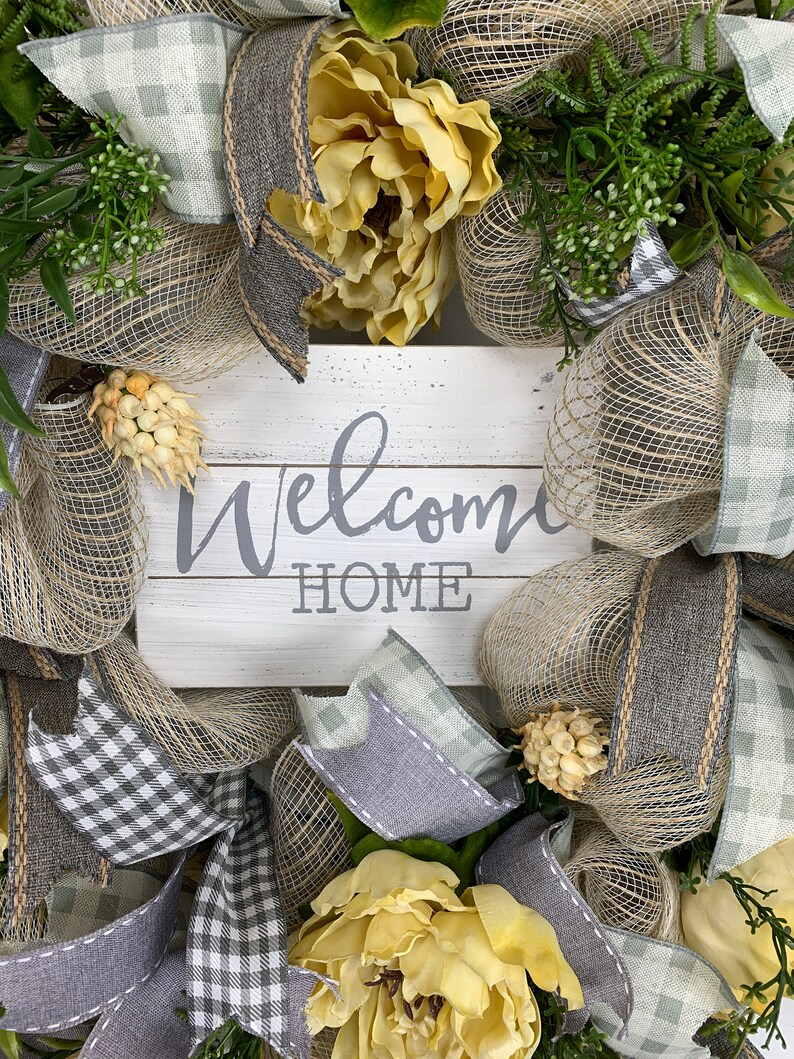 Welcome Home Yellow and Gray Mesh Wreath With Ribbon and - Etsy